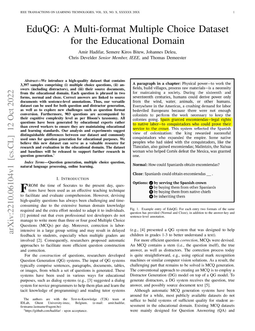 EduQG: A Multi-format Multiple Choice Dataset for the Educational Domain | DeepAI