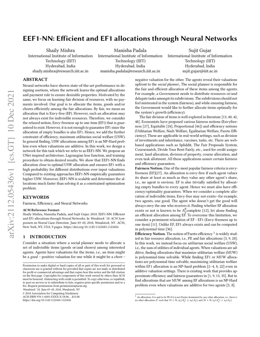 Eef1 Nn Efficient And Ef1 Allocations Through Neural Networks Deepai