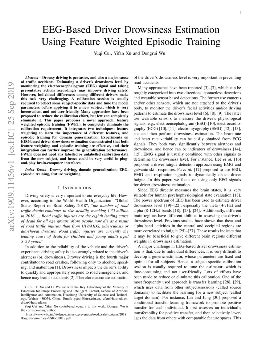 EEG-Based Driver Drowsiness Estimation Using Feature Weighted Episodic Training | DeepAI