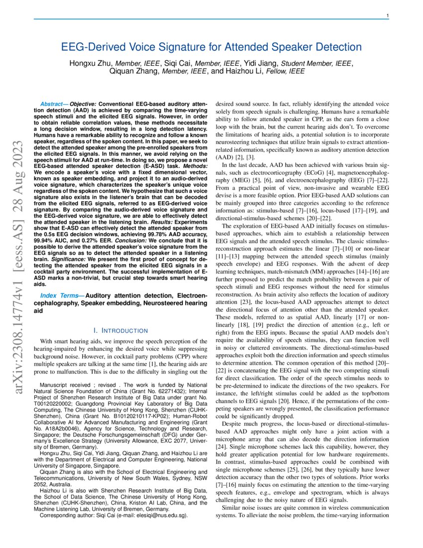EEG-Derived Voice Signature for Attended Speaker Detection | DeepAI