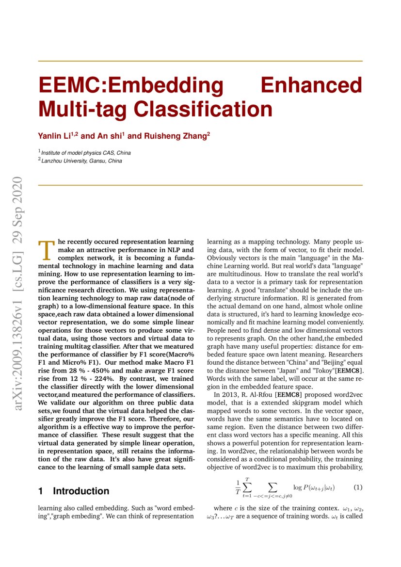 EEMC: Embedding Enhanced Multi-tag Classification | DeepAI