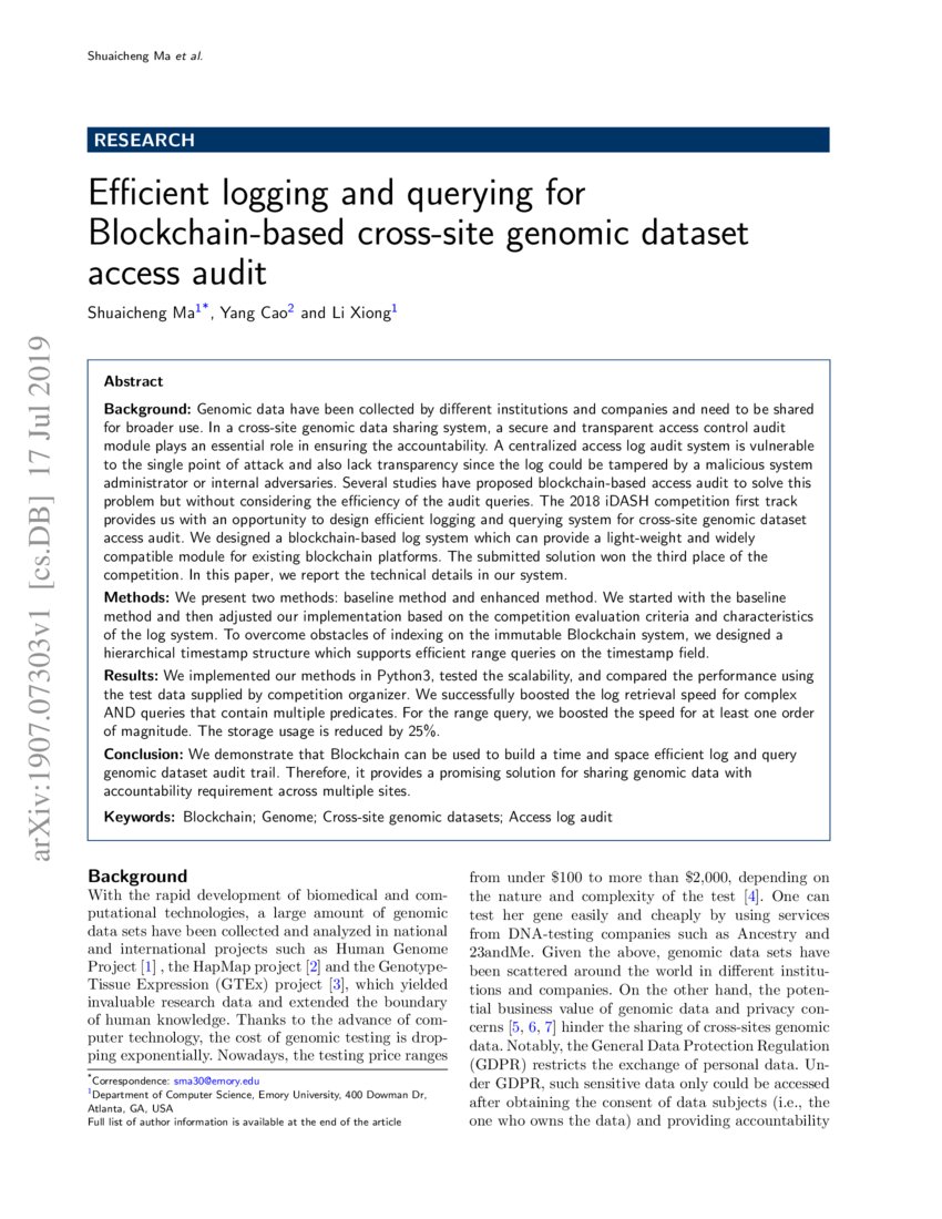 Effcient Logging And Querying For Blockchain Based Cross Site Genomic Dataset Access Audit Deepai