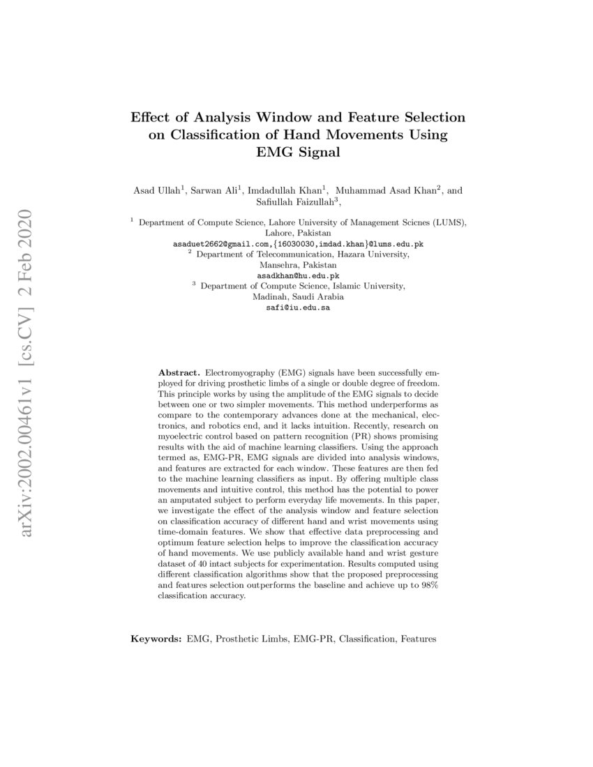 Effect Of Analysis Window And Feature Selection On Classification Of Hand Movements Using Emg
