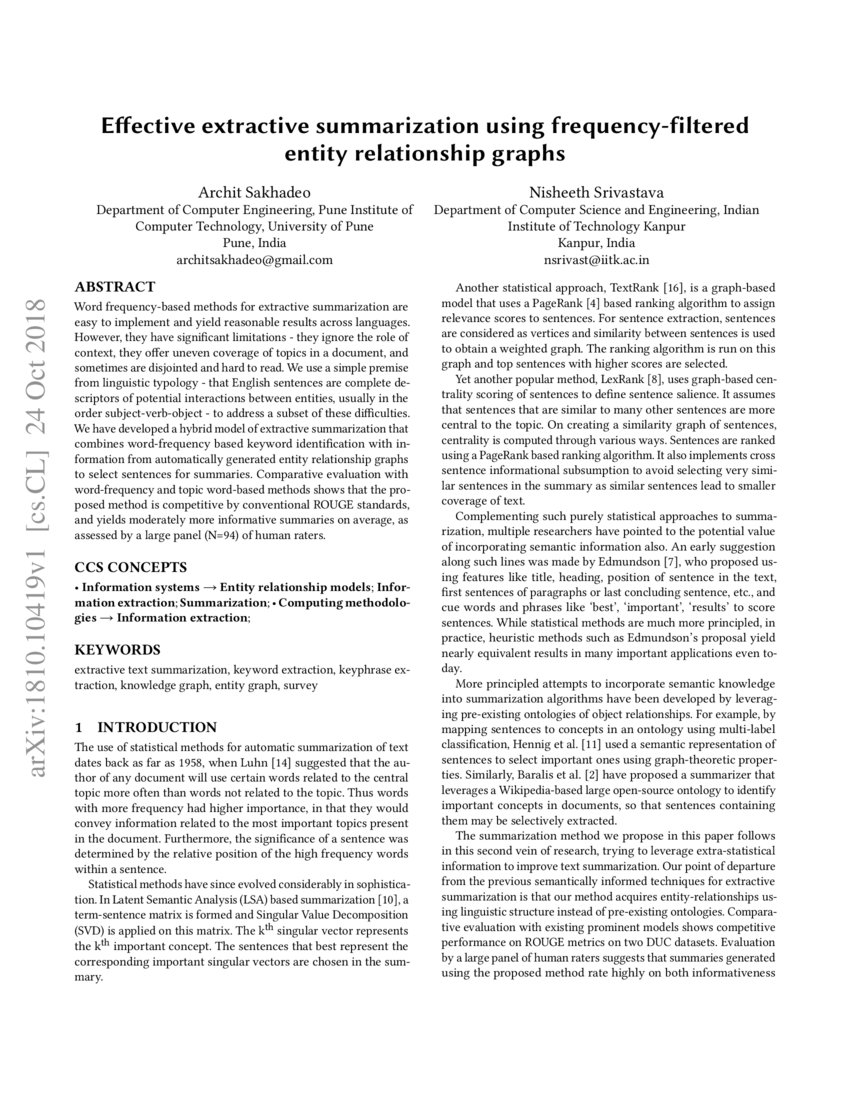 Effective extractive summarization using frequency-filtered entity ... Effective extractive summarization using frequency-filtered entity ...