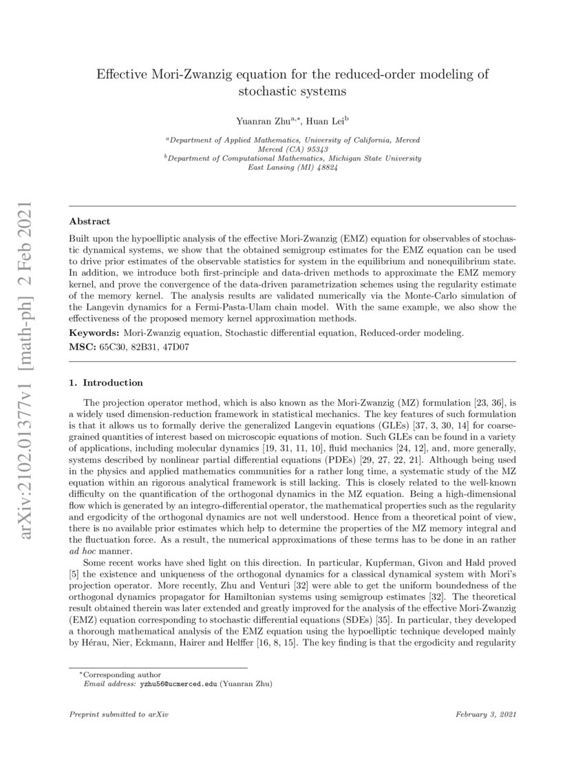 Effective Mori-Zwanzig equation for the reduced-order modeling of stochastic systems | DeepAI