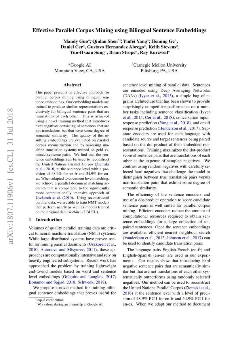 Effective Parallel Corpus Mining using Bilingual Sentence Embeddings | DeepAI