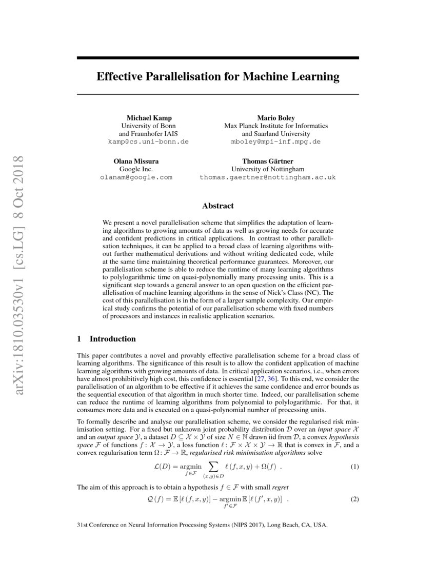 Effective Parallelisation For Machine Learning Deepai