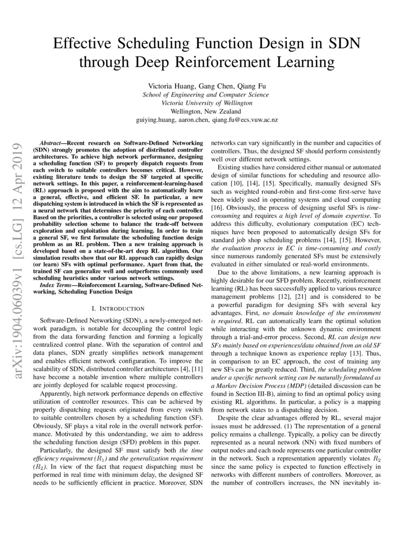 Effective Scheduling Function Design In Sdn Through Deep Reinforcement Learning Deepai