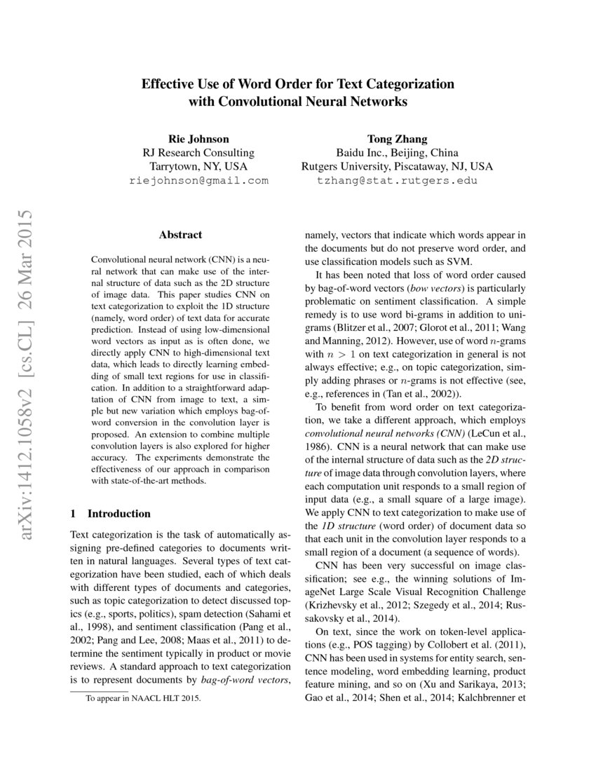 Effective Use Of Word Order For Text Categorization With Convolutional