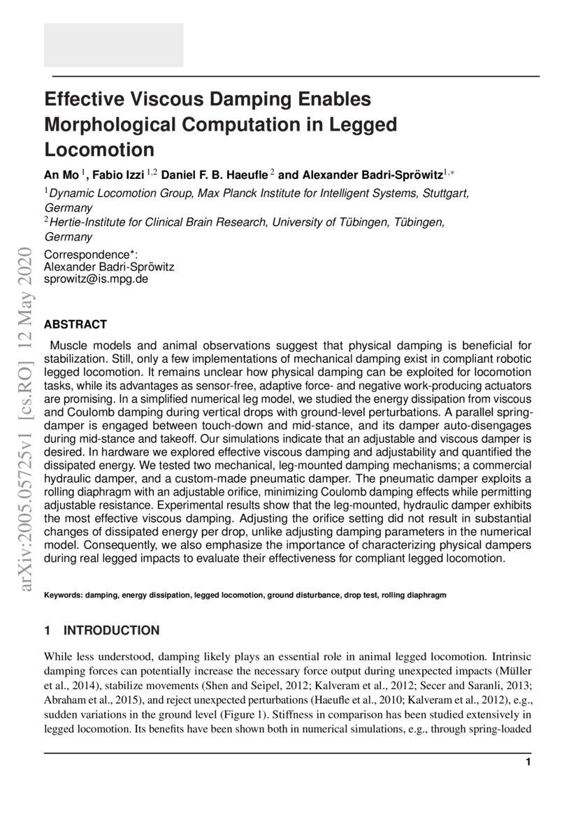 Effective Viscous Damping Enables Morphological Computation in Legged Locomotion | DeepAI