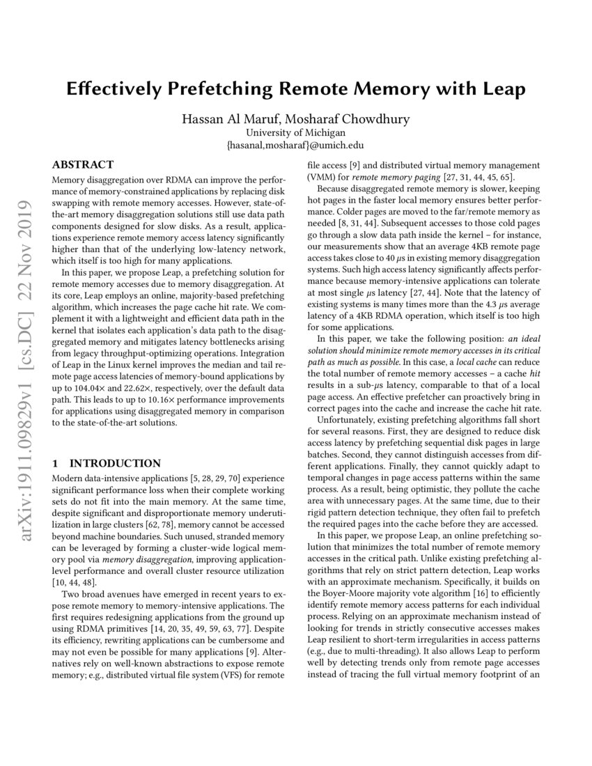 Effectively Prefetching Remote Memory with Leap | DeepAI