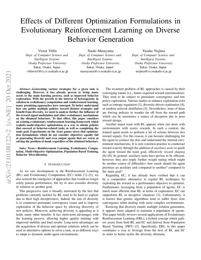 Effects Of Different Optimization Formulations In Evolutionary Reinforcement Learning On Diverse