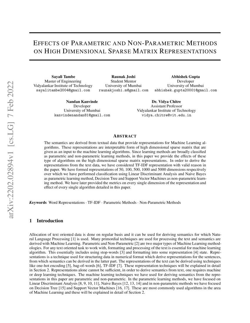 Effects Of Parametric And Non Parametric Methods On High Dimensional Sparse Matrix
