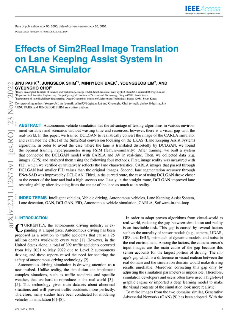 Effects of Sim2Real Image Translation on Lane Keeping Assist System in CARLA Simulator | DeepAI