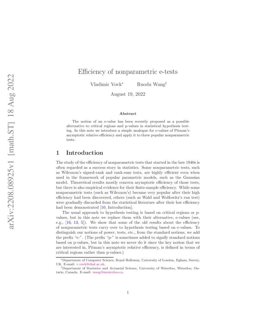 Efficiency Of Nonparametric E Tests Deepai