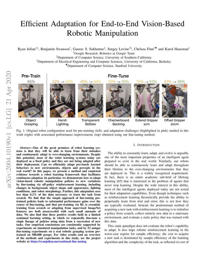 Efficient Adaptation For End To End Vision Based Robotic Manipulation Deepai
