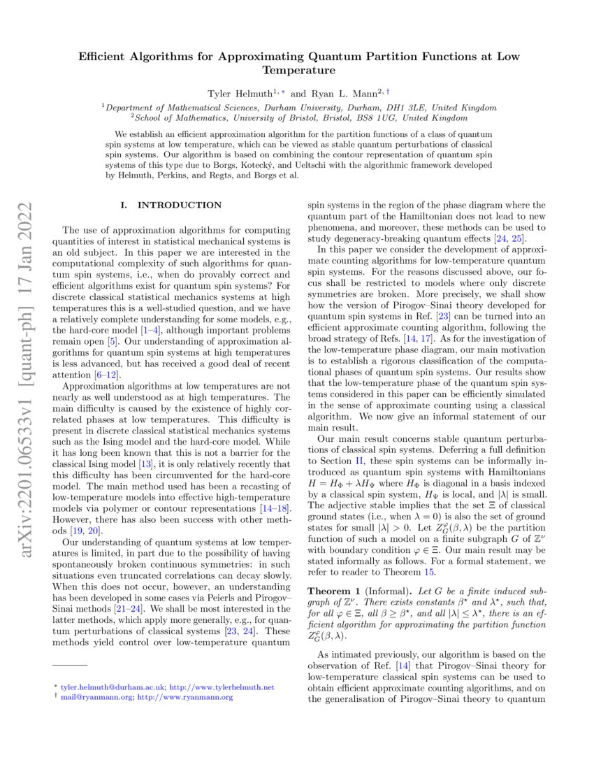 Efficient Algorithms For Approximating Quantum Partition Functions At Low Temperature Deepai