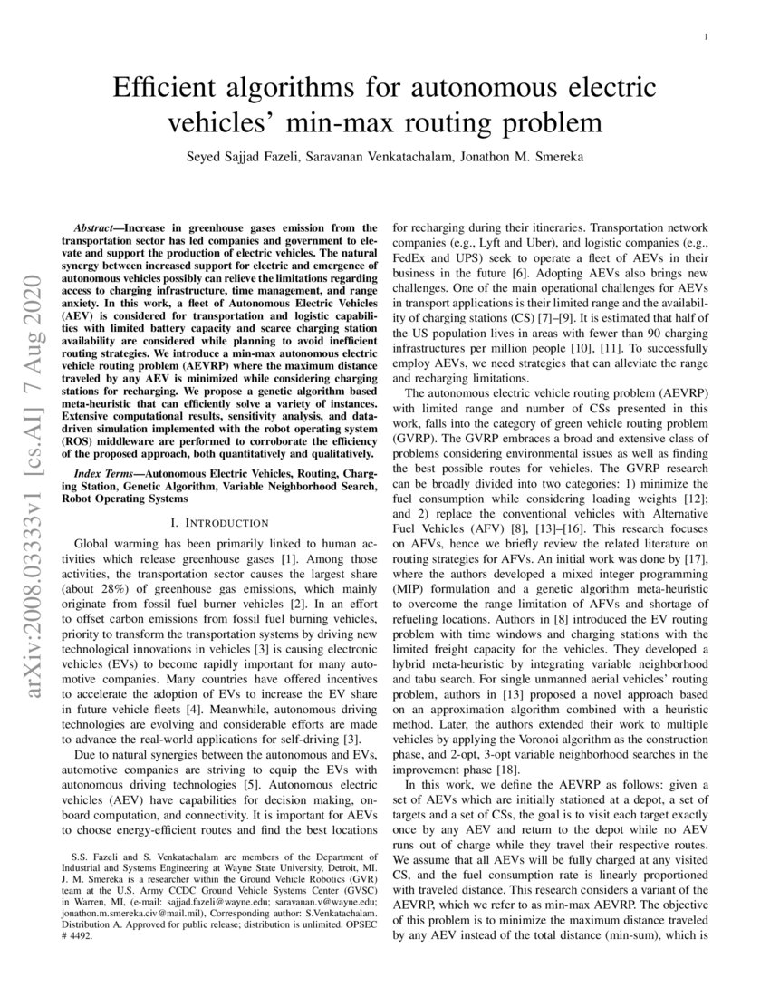 Efficient algorithms for autonomous electric vehicles' min-max routing problem | DeepAI