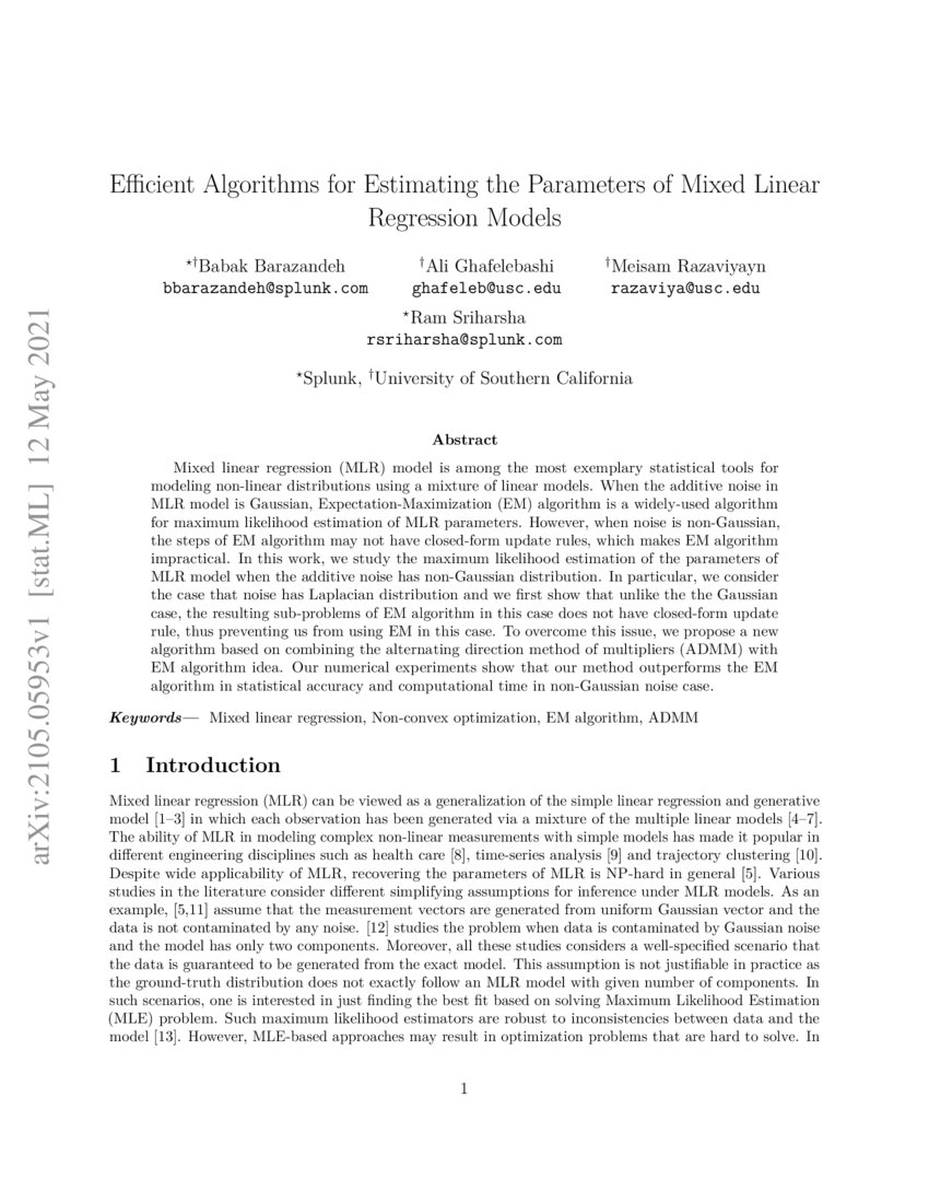 Efficient Algorithms For Estimating The Parameters Of Mixed Linear Regression Models Deepai