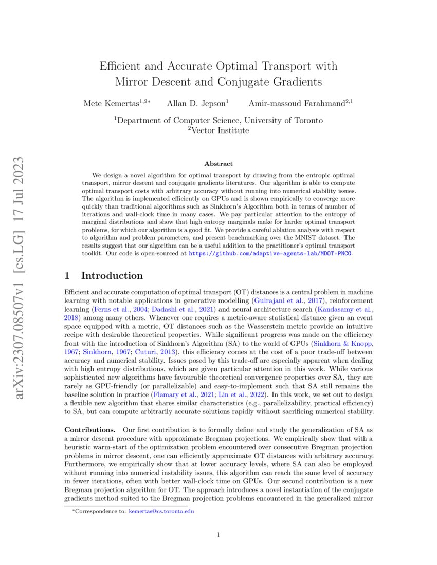 Efficient and Accurate Optimal Transport with Mirror Descent and Conjugate Gradients | DeepAI