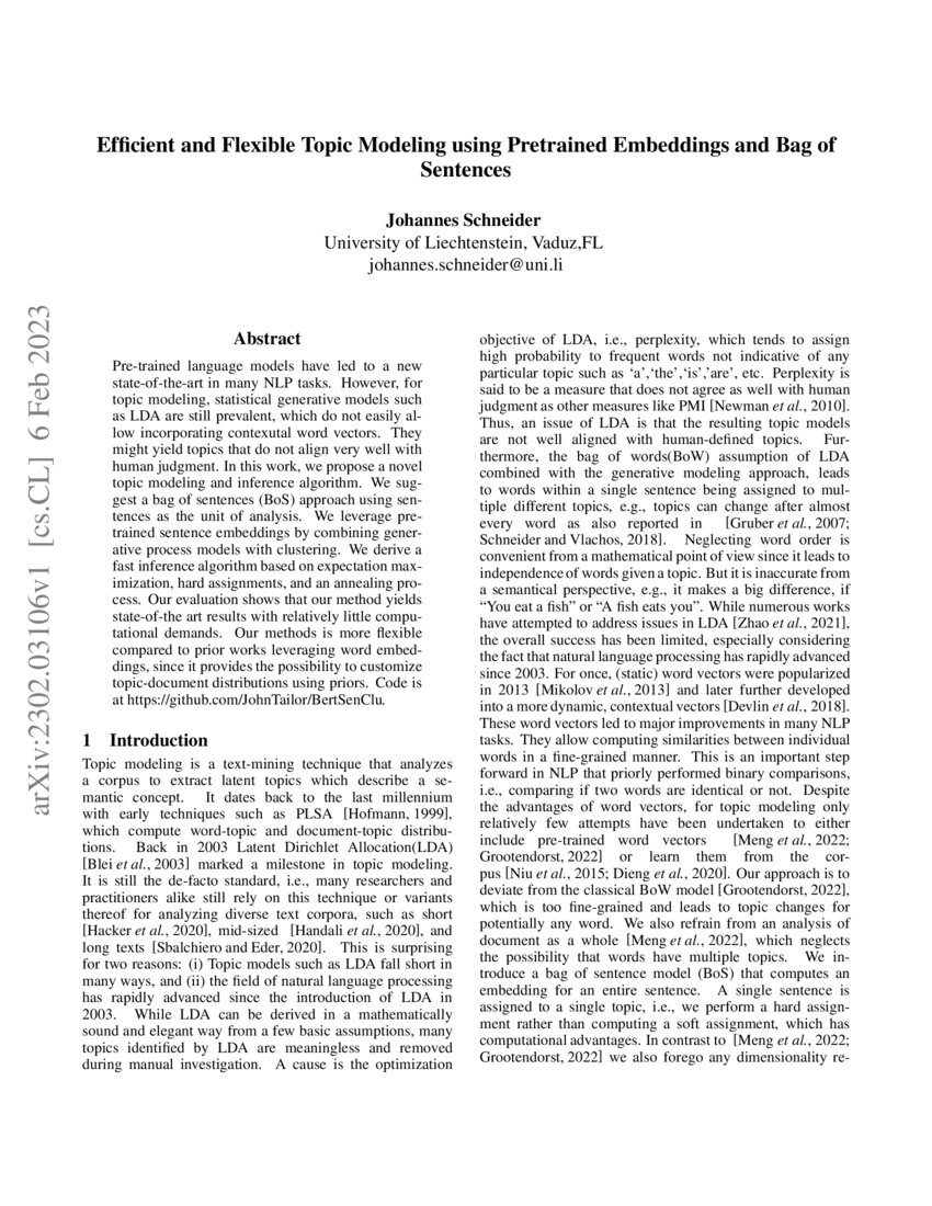 Efficient And Flexible Topic Modeling Using Pretrained Embeddings And Bag Of Sentences Deepai