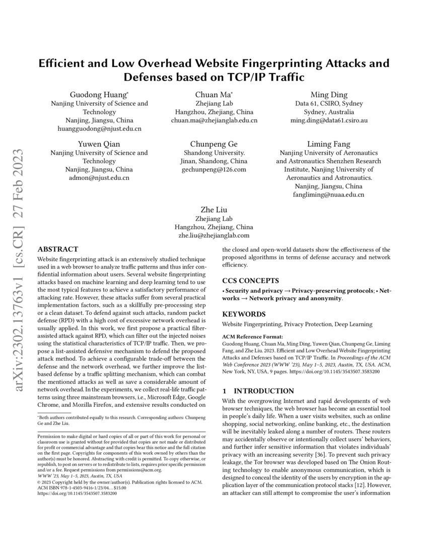 Efficient and Low Overhead Website Fingerprinting Attacks and Defenses based on TCP/IP Traffic ...