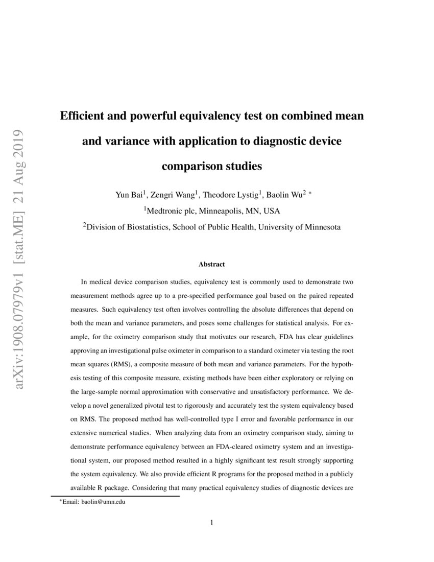 Efficient and powerful equivalency test on combined mean and variance ...