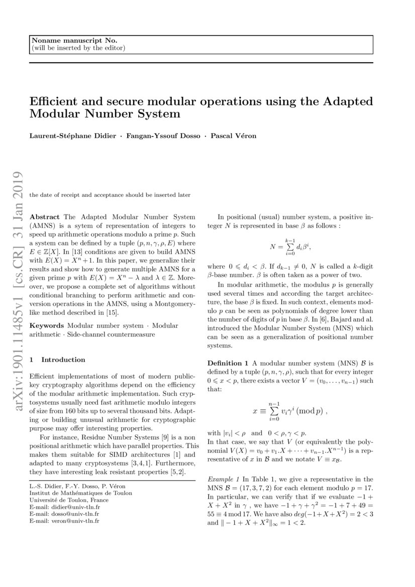 Efficient and secure modular operations using the Adapted Modular Number System | DeepAI