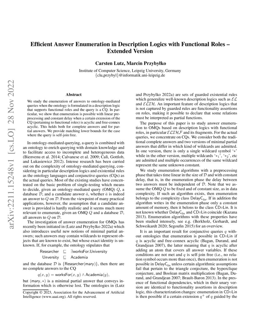 Efficient Answer Enumeration in Description Logics with Functional Roles – Extended Version | DeepAI