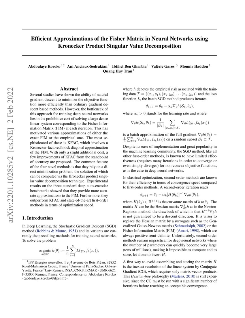 Efficient Approximations of the Fisher Matrix in Neural Networks using Kronecker Product ...