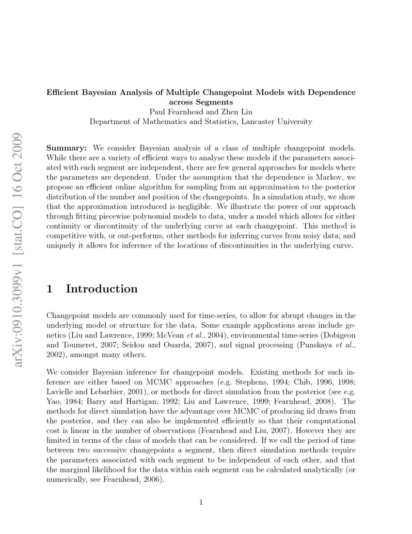 Efficient Bayesian analysis of multiple changepoint models with dependence across segments | DeepAI