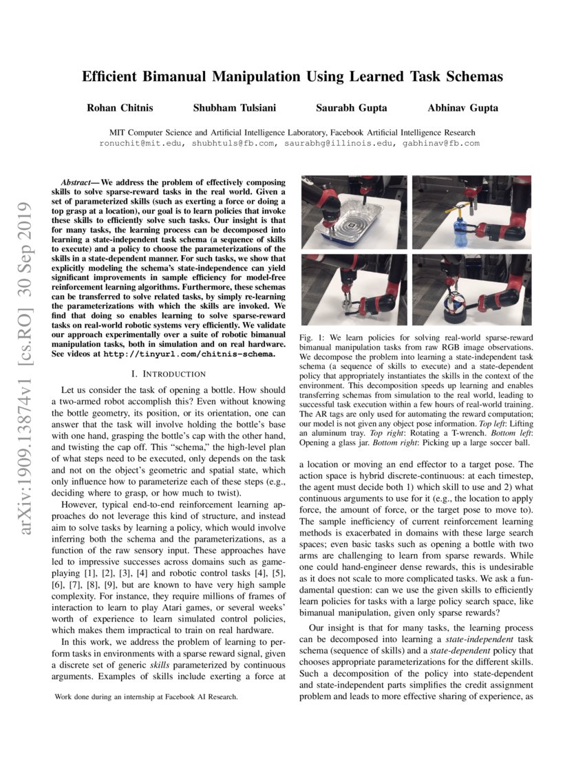 Efficient Bimanual Manipulation Using Learned Task Schemas | DeepAI