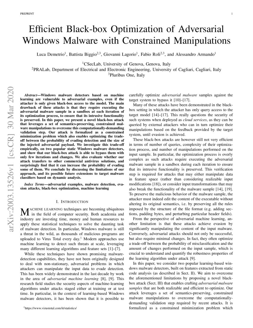 Efficient Black-box Optimization of Adversarial Windows Malware with ...