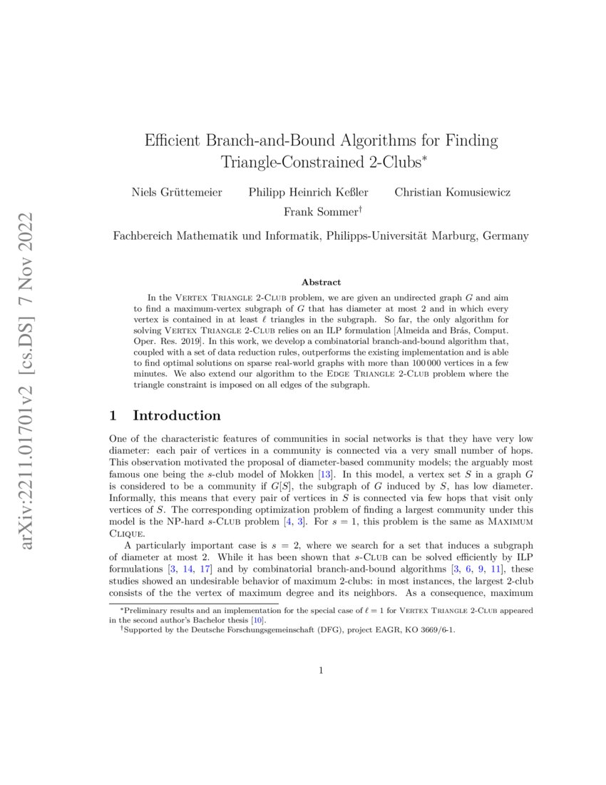 Efficient Branch And Bound Algorithms For Finding Triangle Constrained 2 Clubs Deepai 