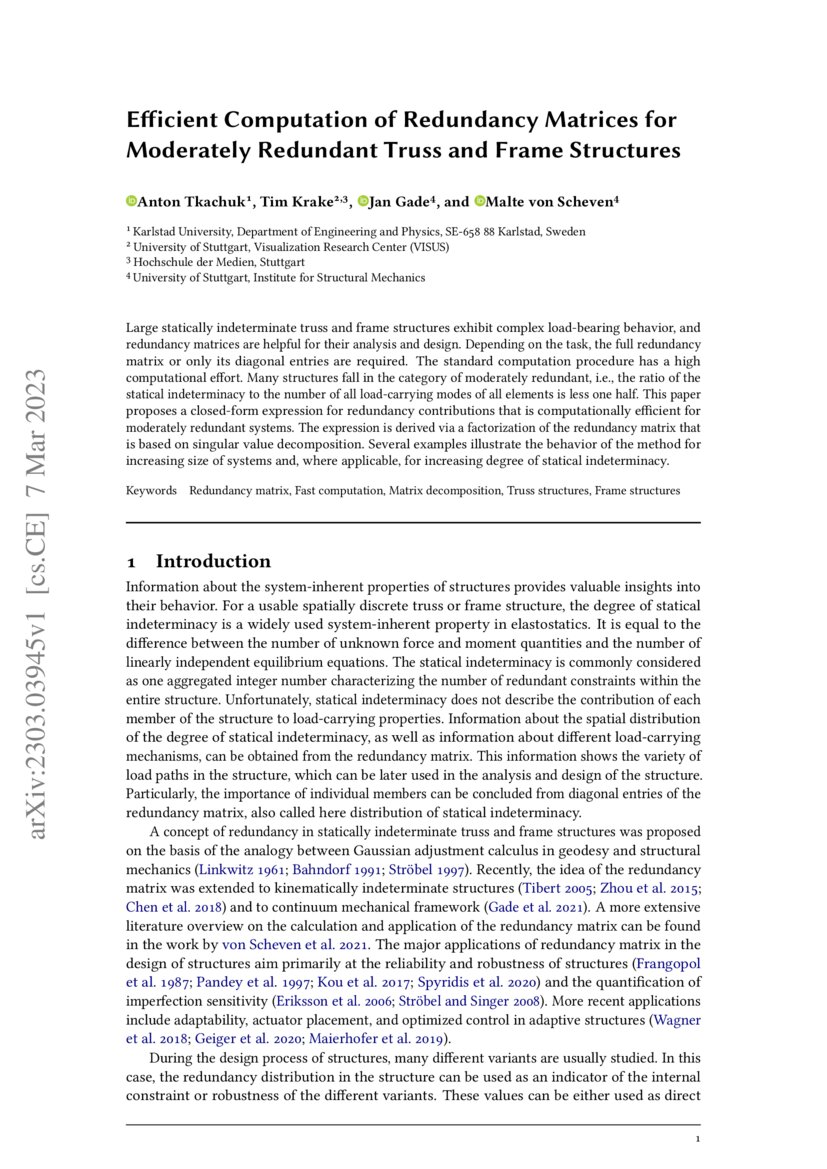 Efficient Computation Of Redundancy Matrices For Moderately Redundant Truss And Frame Structures 7492