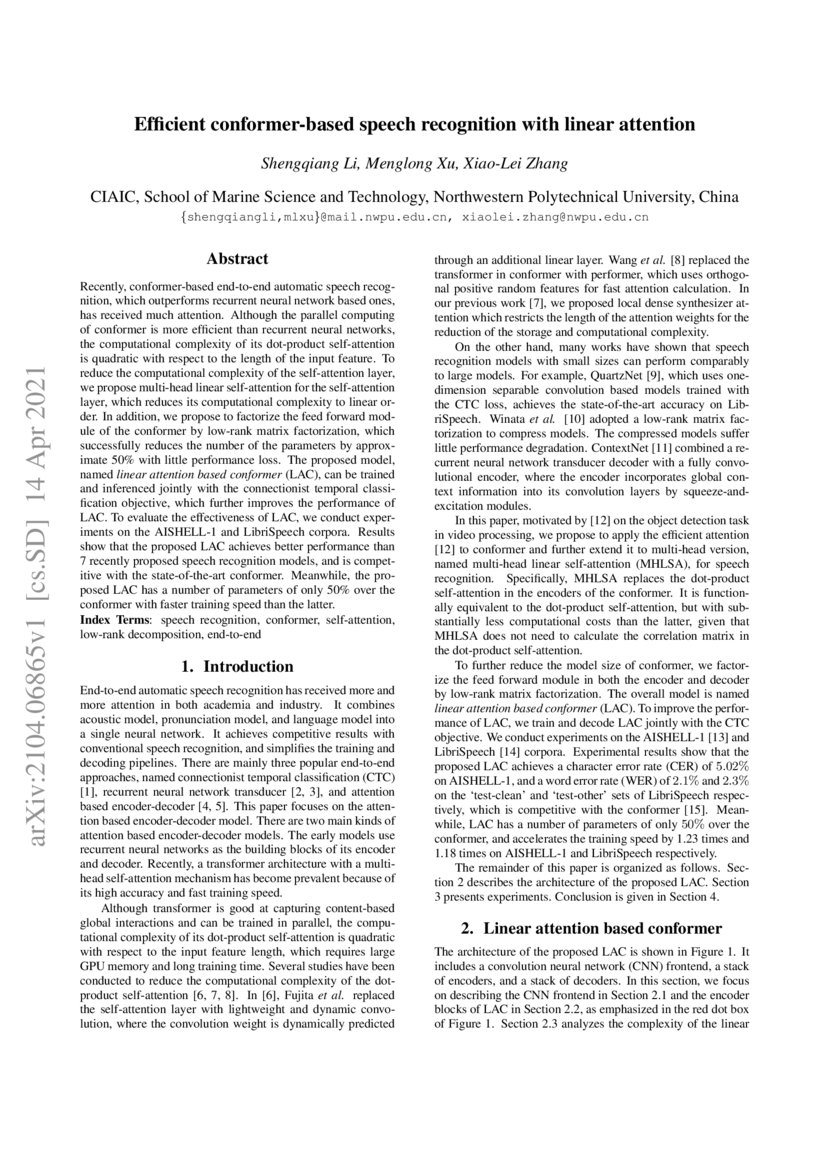 Efficient Conformer Based Speech Recognition With Linear Attention Deepai