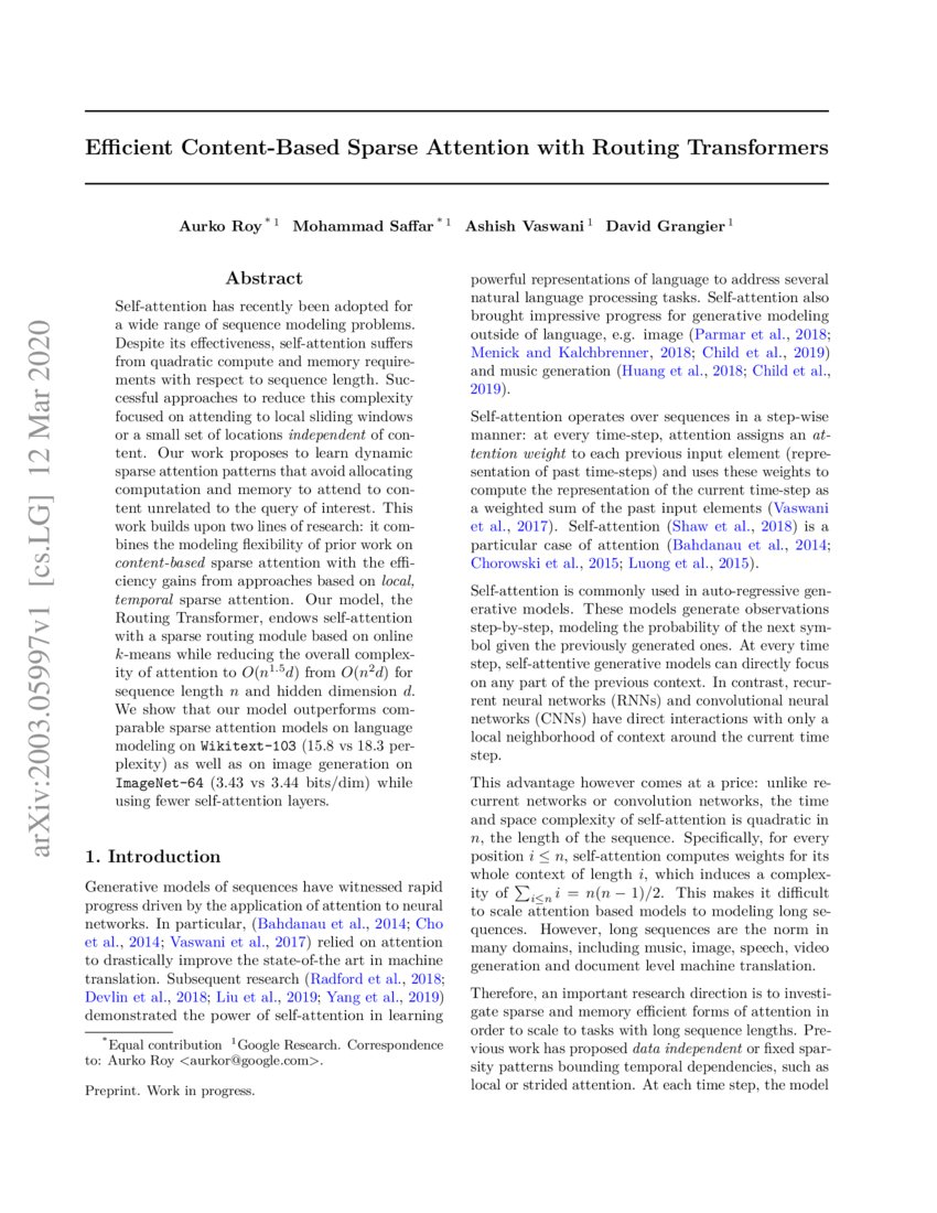 Efficient Content Based Sparse Attention With Routing Transformers Deepai