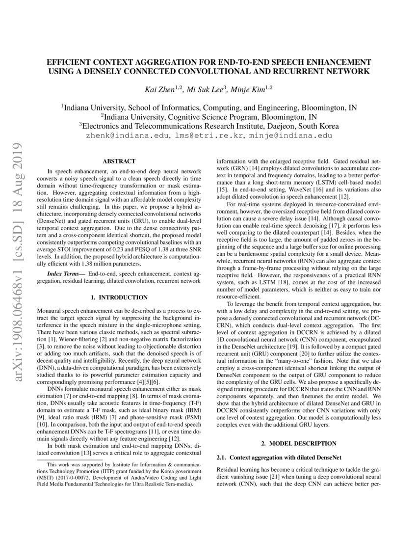 Efficient Context Aggregation For End To End Speech Enhancement Using A Densely Connected 