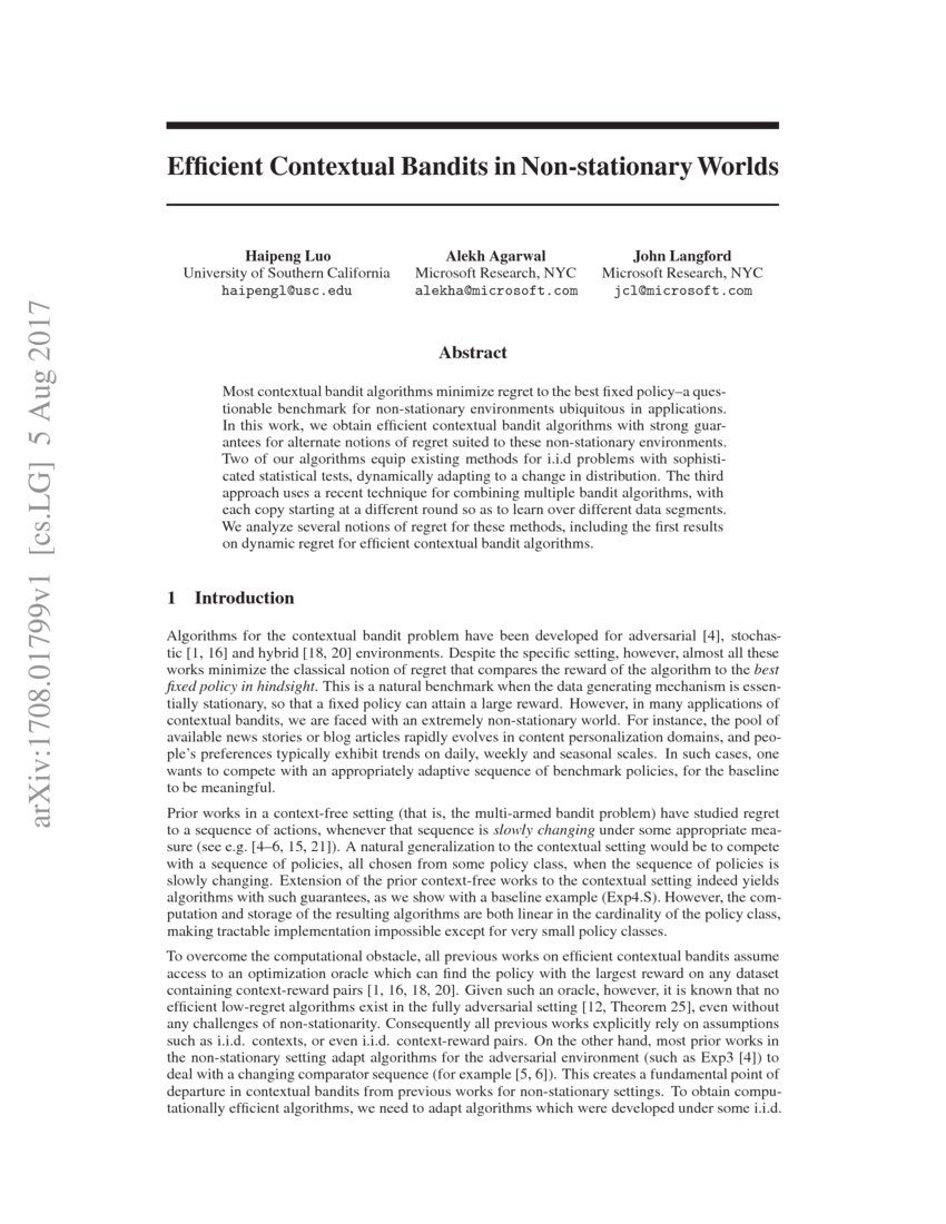 Efficient Contextual Bandits in Non-stationary Worlds | DeepAI