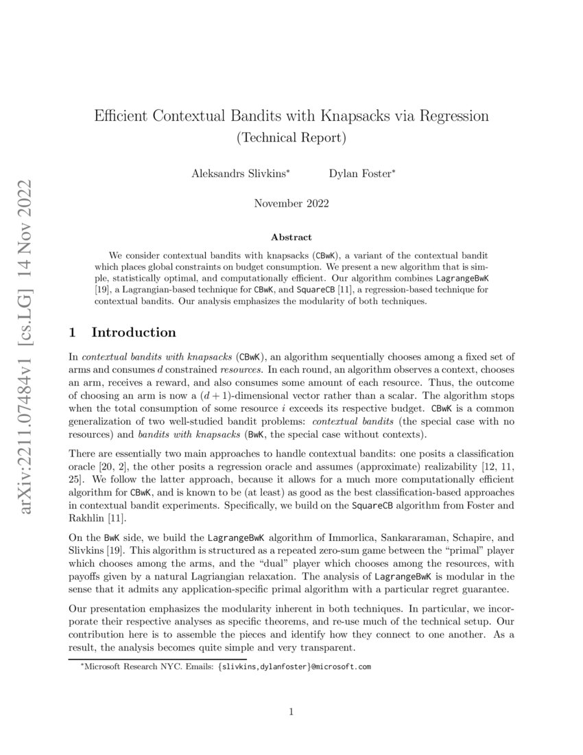 Efficient Contextual Bandits With Knapsacks Via Regression Deepai