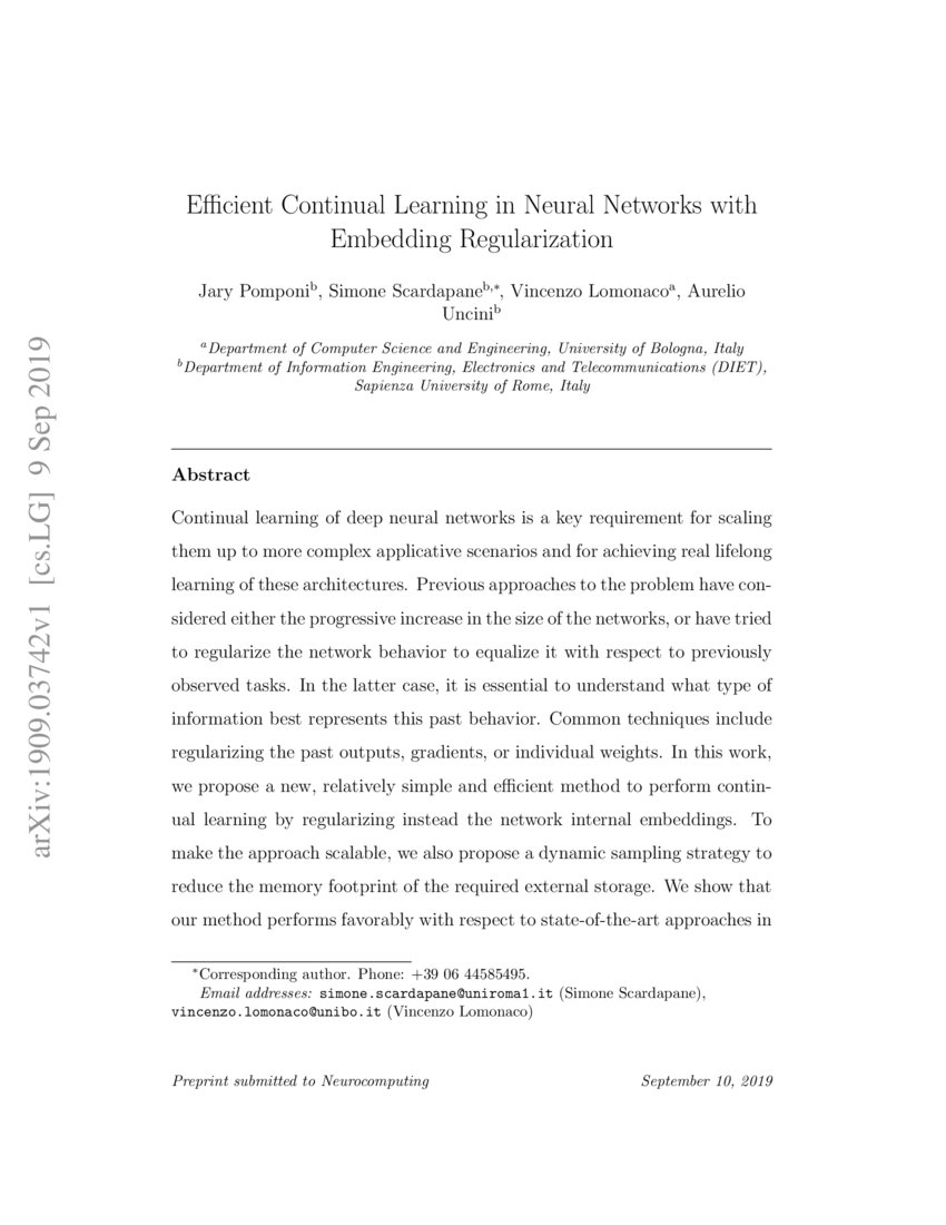 Efficient Continual Learning In Neural Networks With Embedding Regularization Deepai 