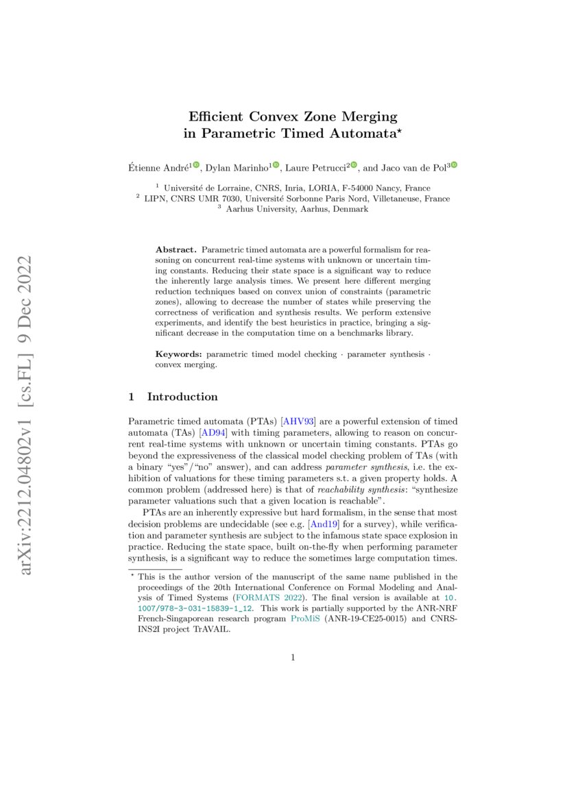 Efficient Convex Zone Merging in Parametric Timed Automata | DeepAI