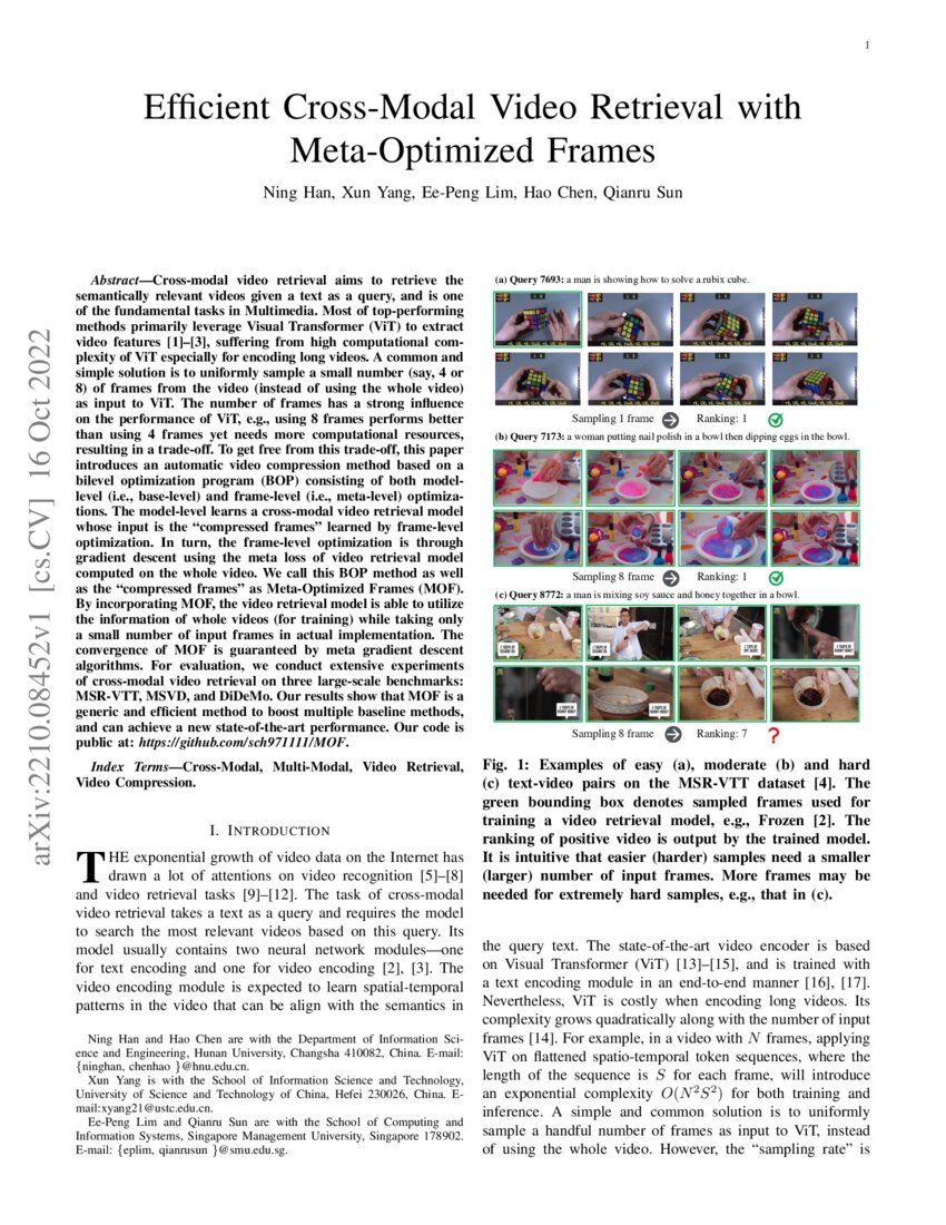 Efficient Cross-Modal Video Retrieval with Meta-Optimized Frames | DeepAI