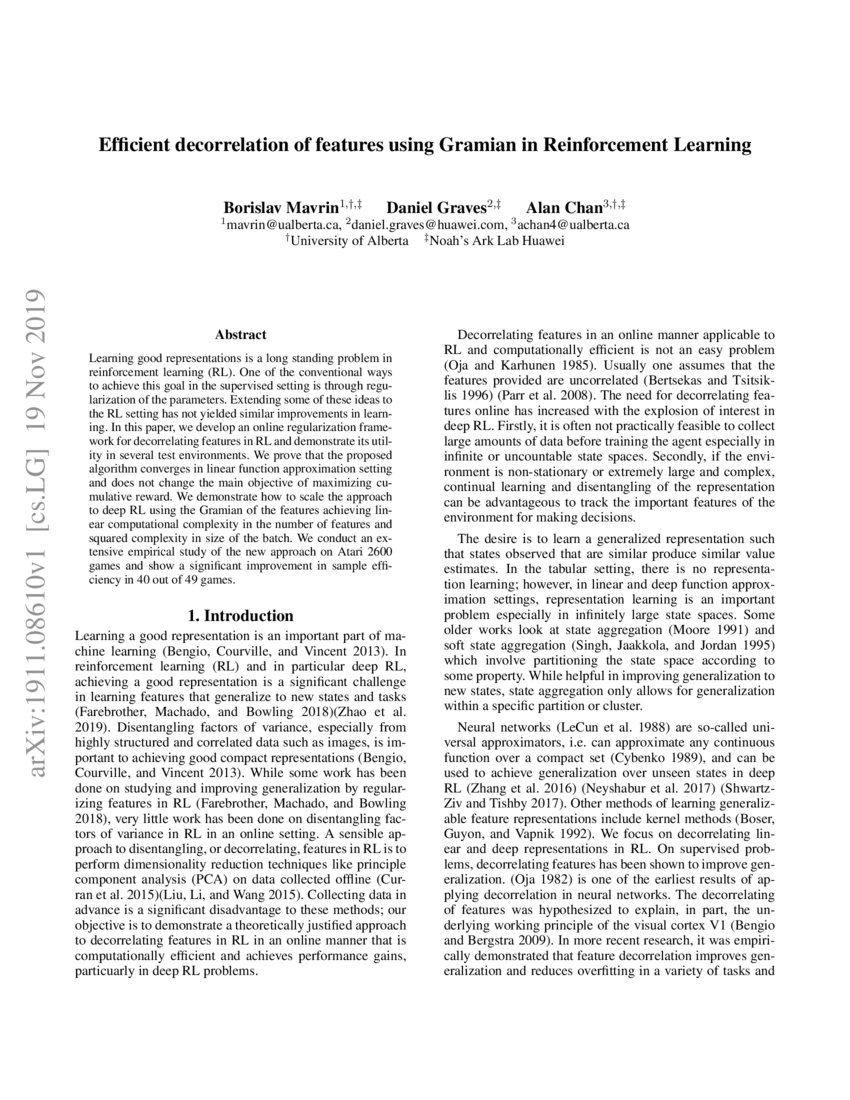 Efficient decorrelation of features using Gramian in Reinforcement Learning | DeepAI