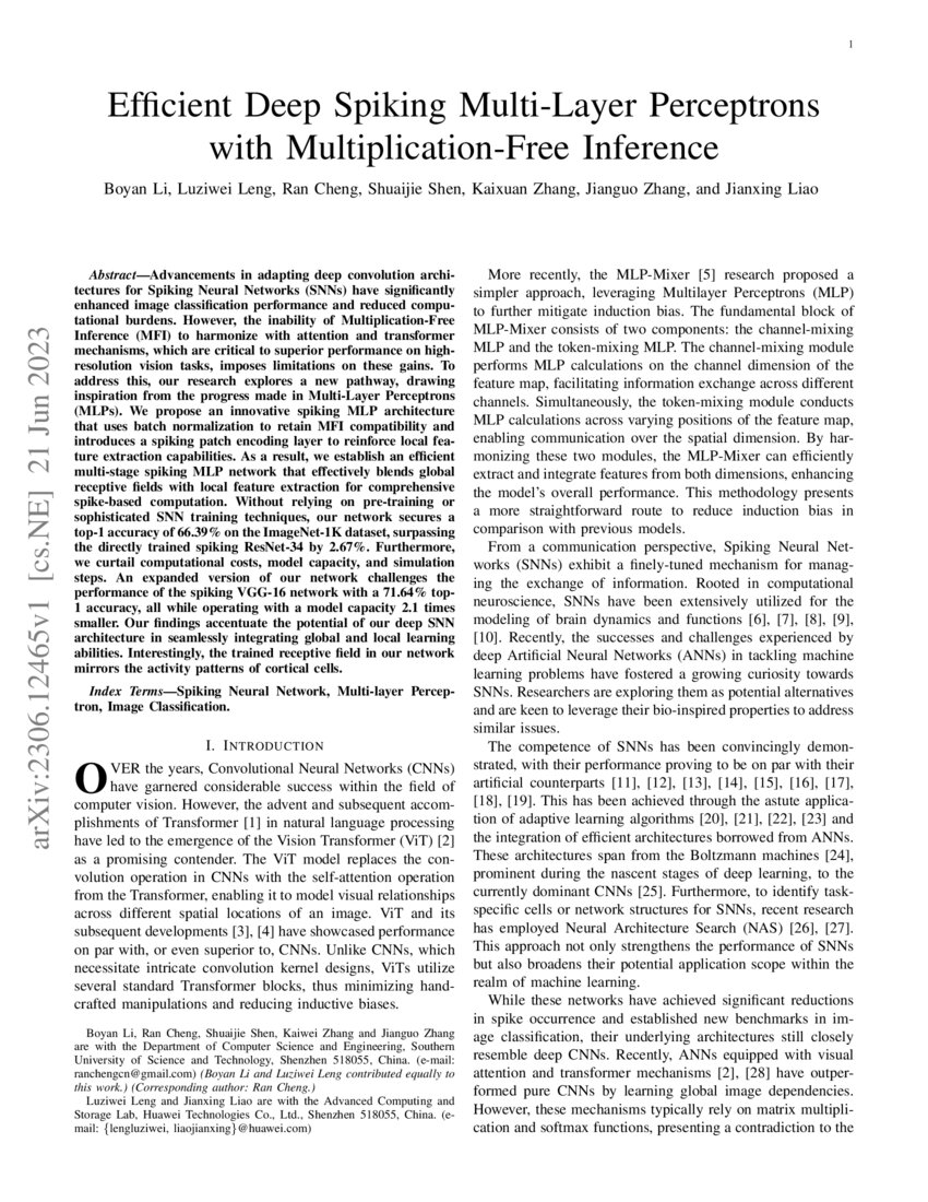 Efficient Deep Spiking Multi Layer Perceptrons With Multiplication Free 7177