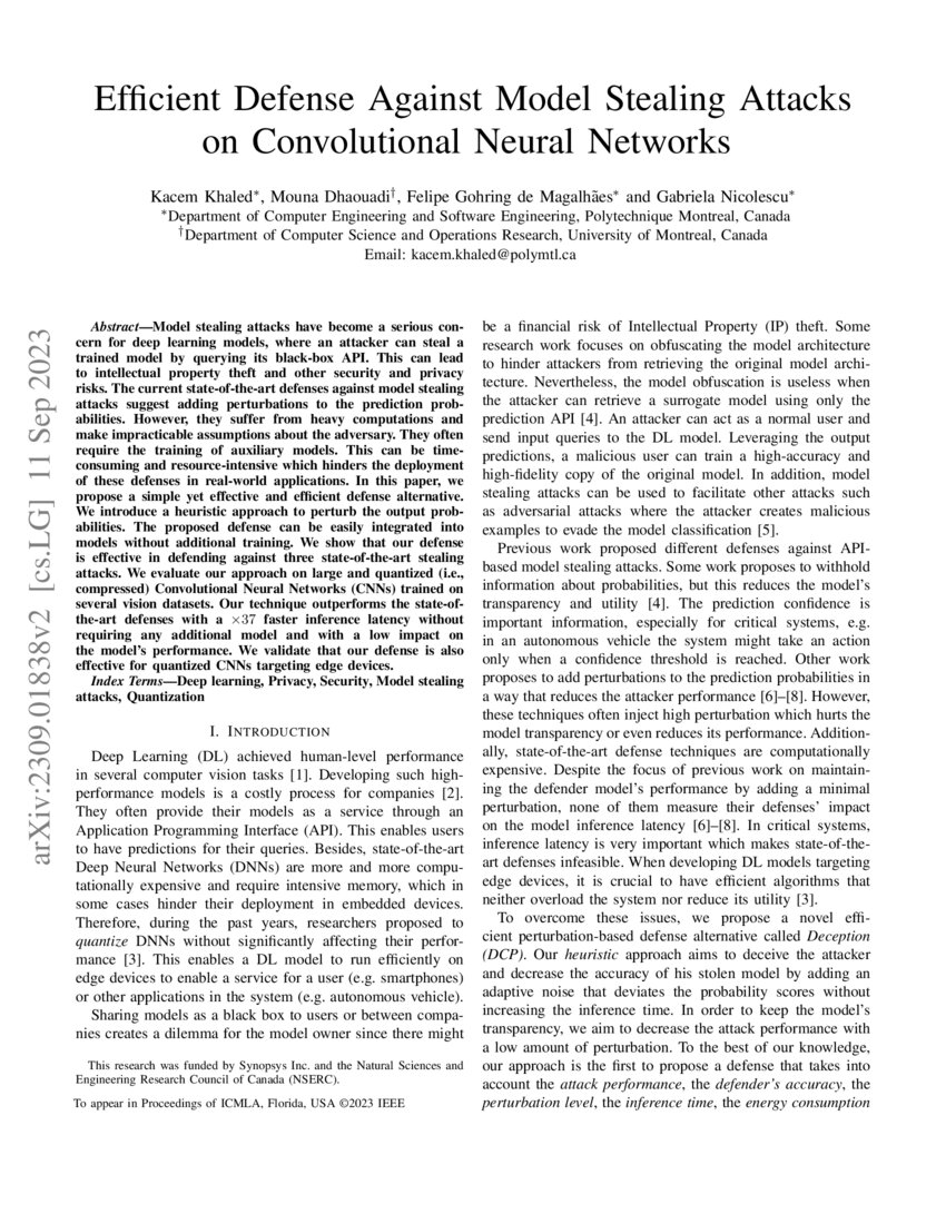Efficient Defense Against Model Stealing Attacks On Convolutional