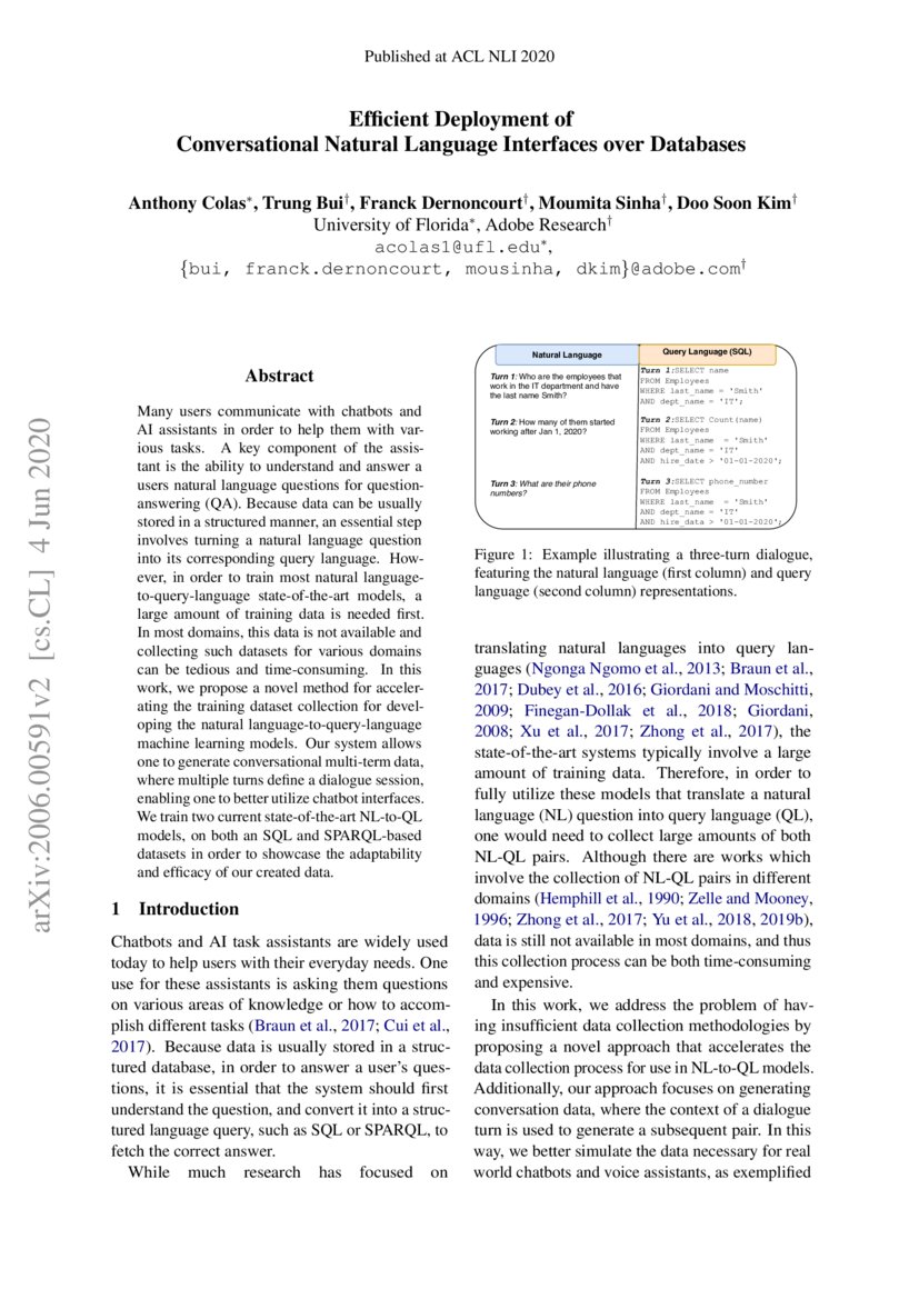 Efficient Deployment of Conversational Natural Language Interfaces over Databases | DeepAI