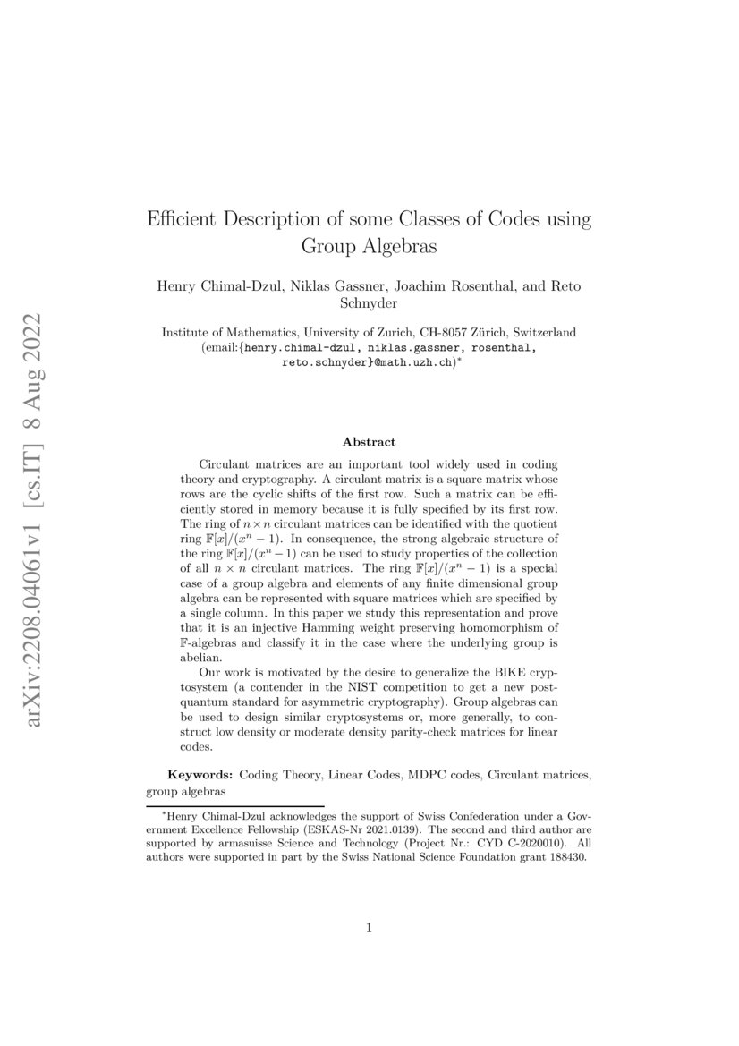 Efficient Description Of Some Classes Of Codes Using Group Algebras Deepai 