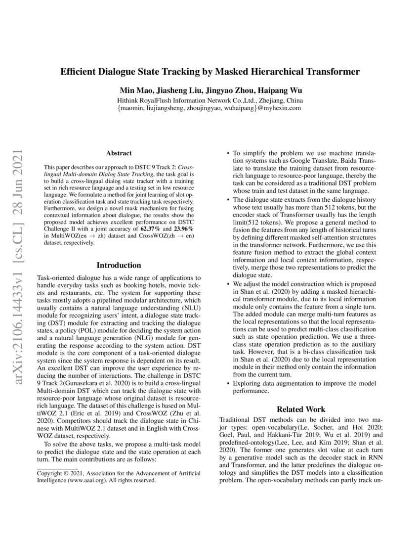 Efficient Dialogue State Tracking by Masked Hierarchical Transformer | DeepAI