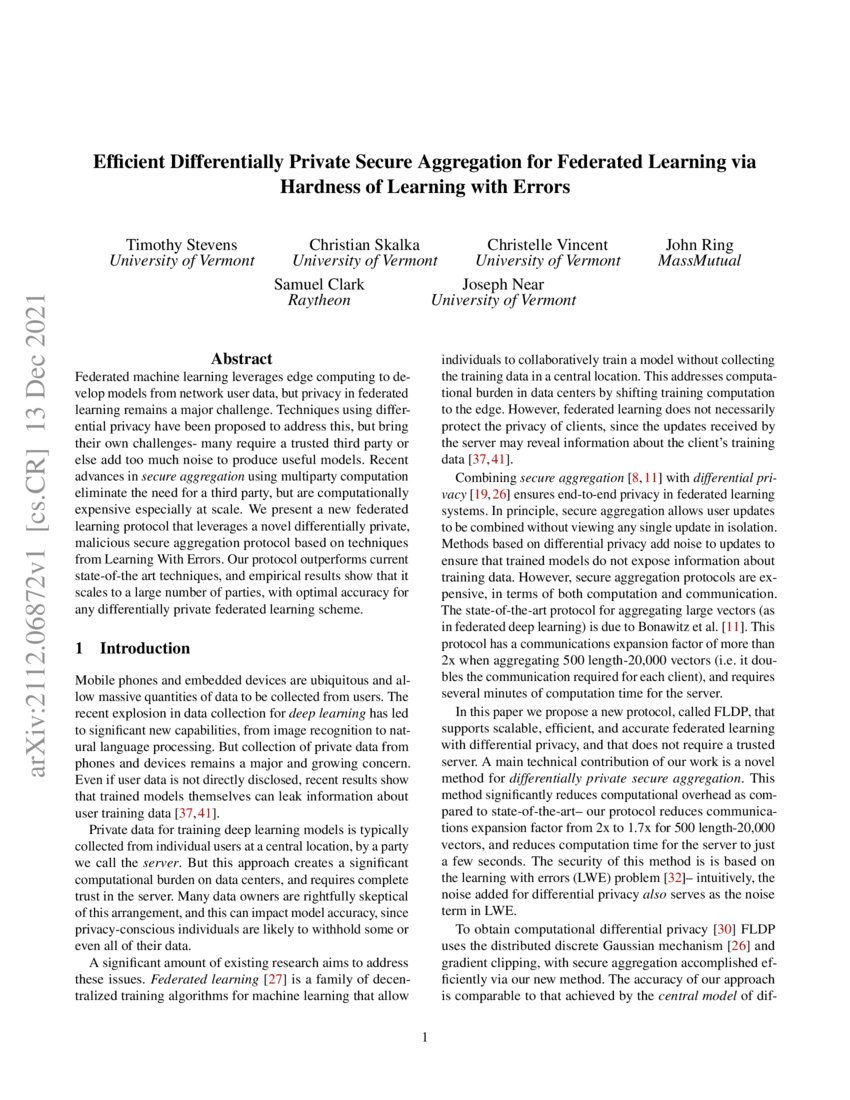 Efficient Differentially Private Secure Aggregation For Federated Learning Via Hardness Of